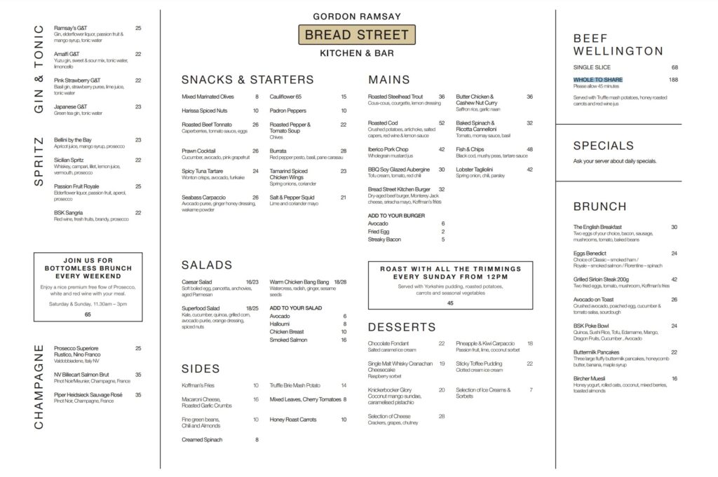 Bread Street Kitchen & Bar Menu & Prices List Singapore 2025