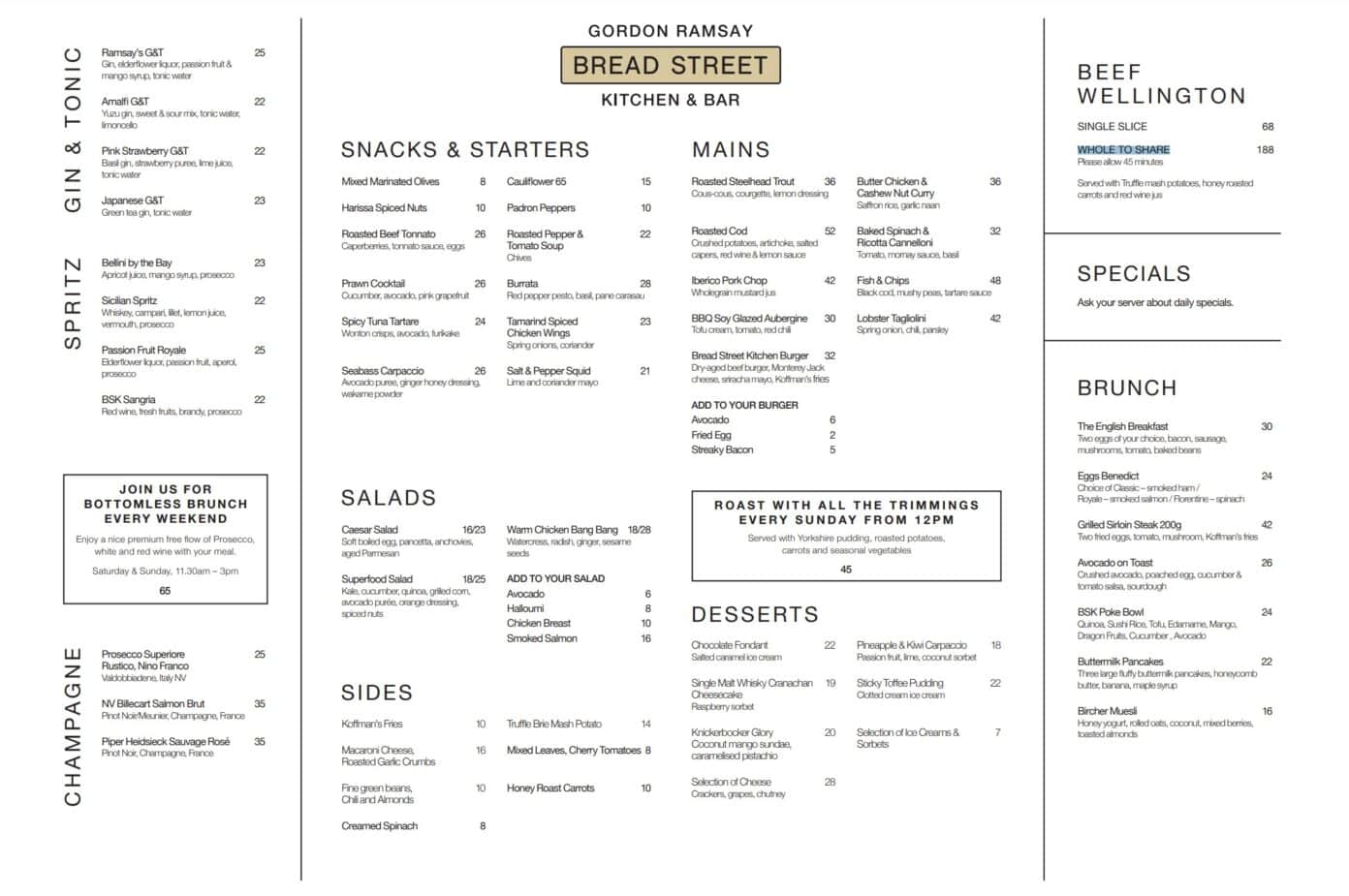 Bread Street Kitchen & Bar Menu & Prices List Singapore 2026