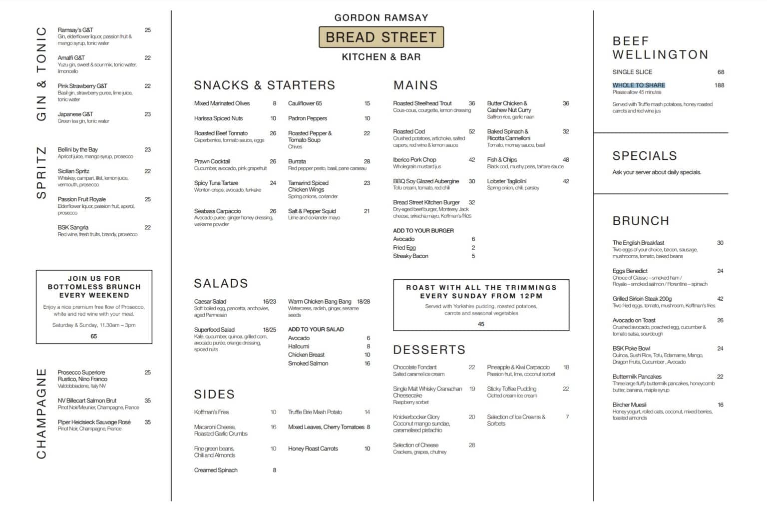 Bread Street Kitchen & Bar Menu & Prices List Singapore 2025