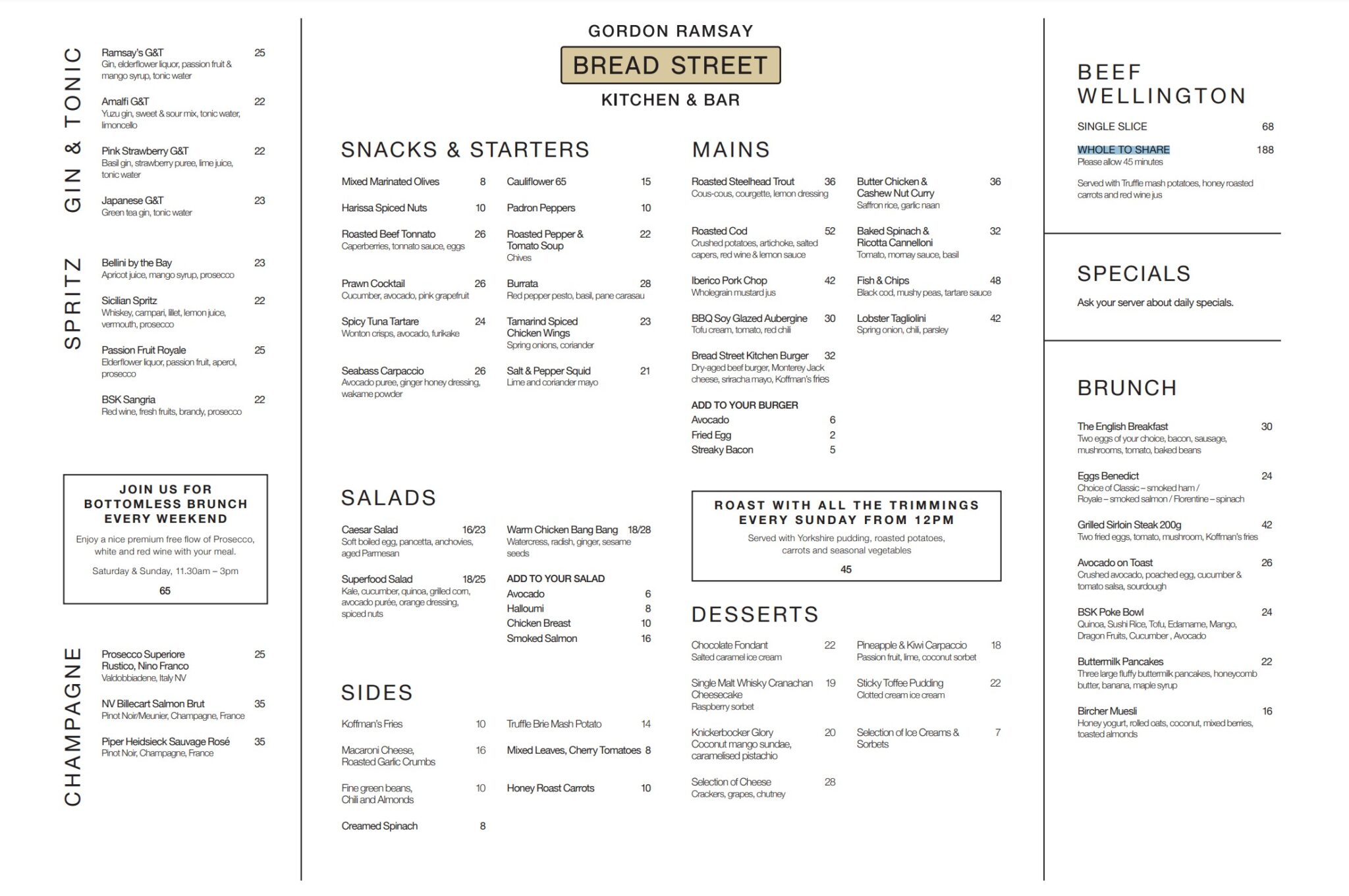 Bread Street Kitchen & Bar Menu & Prices List Singapore 2026