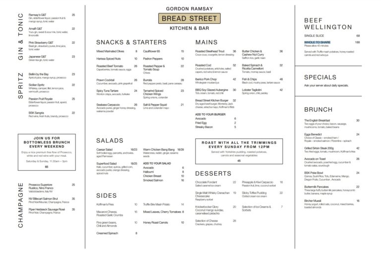 Bread Street Kitchen & Bar Menu & Prices List Singapore 2025
