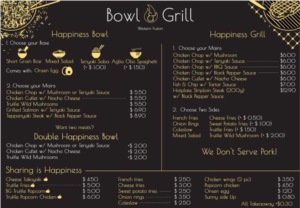 Bowl & Grill Menu & Prices List Singapore 2026