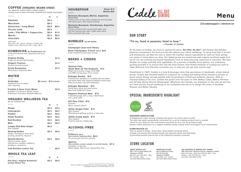 Cedele Menu & Prices List Singapore 2026