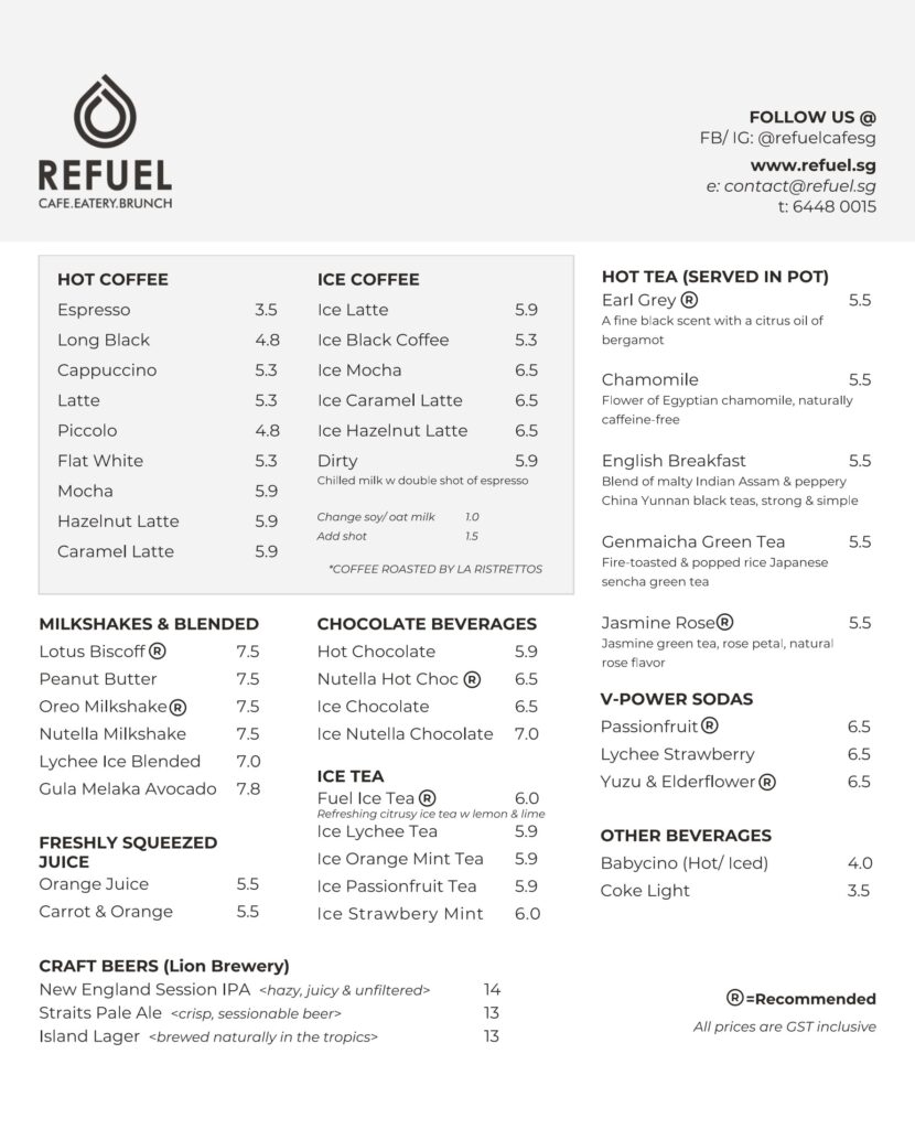 Refuel Cafe Menu & Prices List Singapore 2026