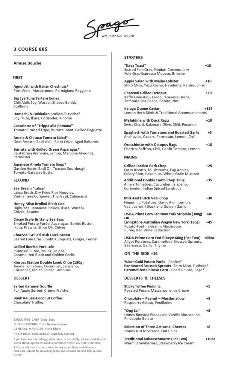 Spago Menu & Prices List Singapore 2025
