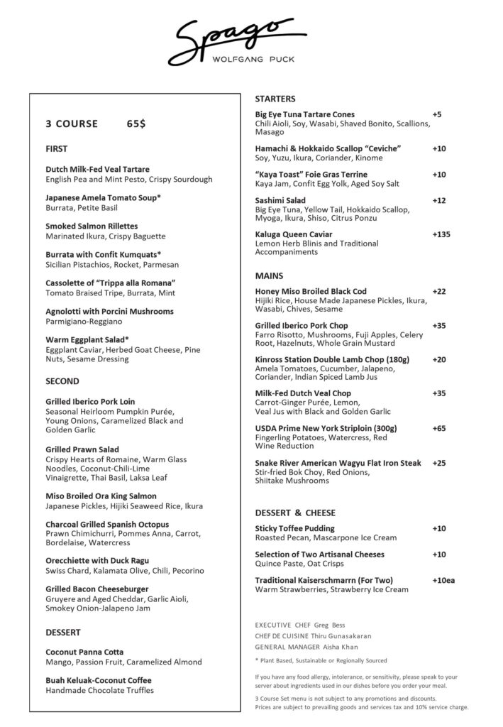 Spago Menu & Prices List Singapore 2025
