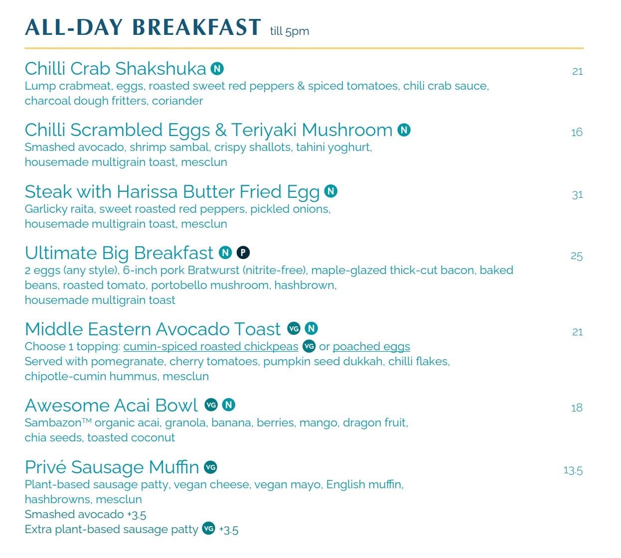 Prive Menu & Prices List Singapore 2025